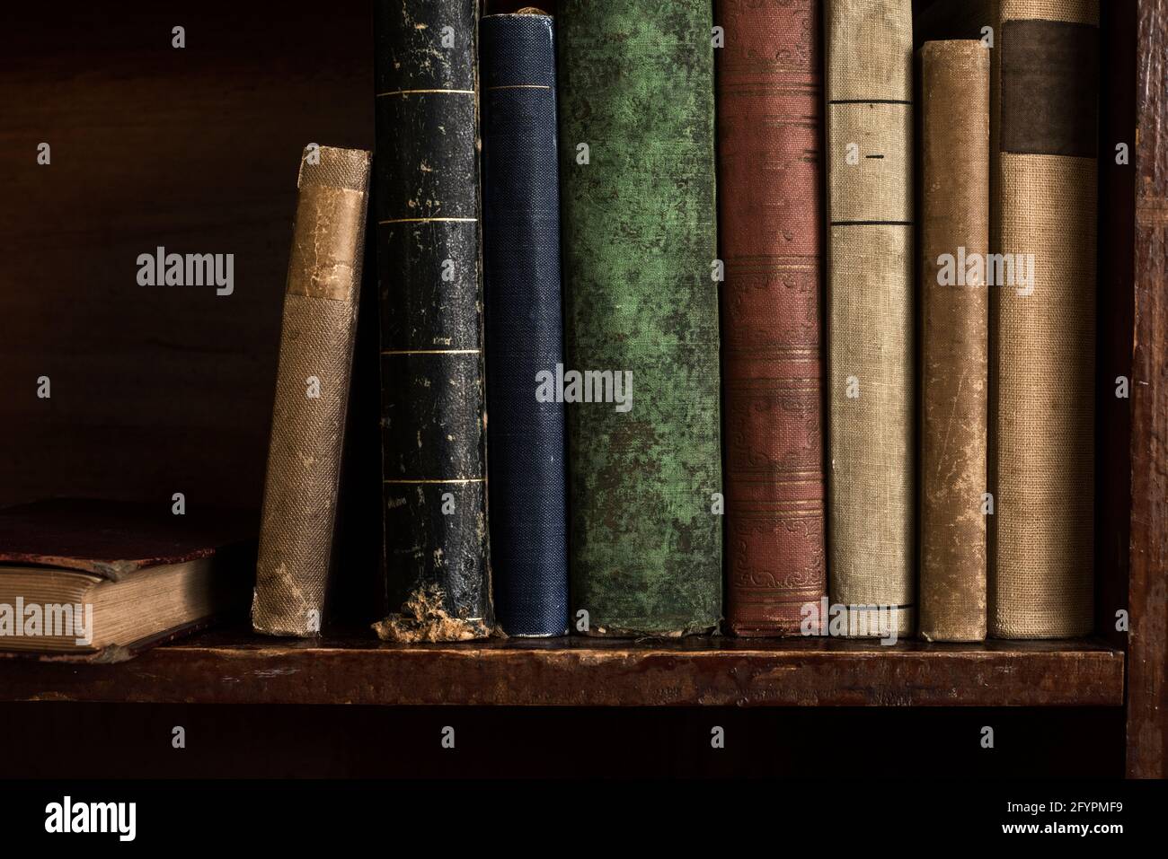 A group of antique books are lined up across a book shelf in a still ...