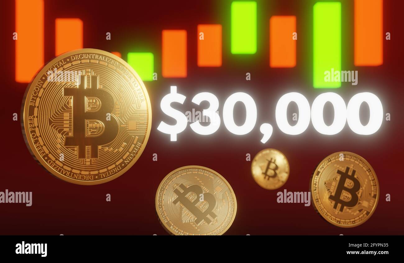 3D rendering of bitcoins, charts, and $30000 on a red background Stock ...