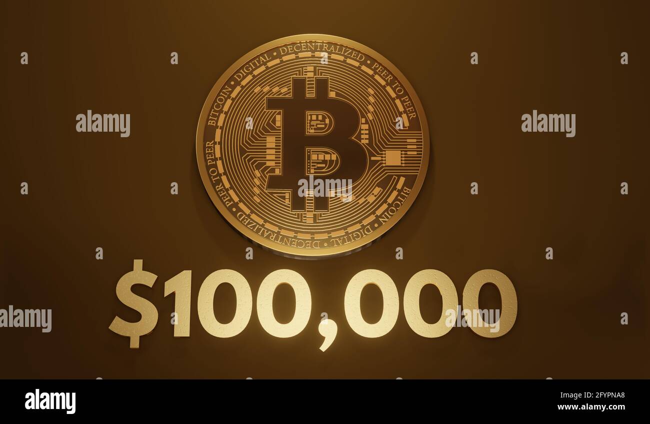 3D rendering of a bitcoin and $100000 on a brown background Stock Photo ...