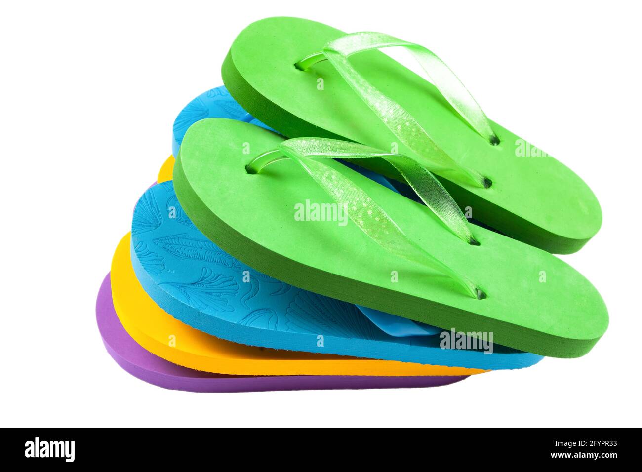 multi-colored rubber beach flip flops on a white background Stock Photo ...