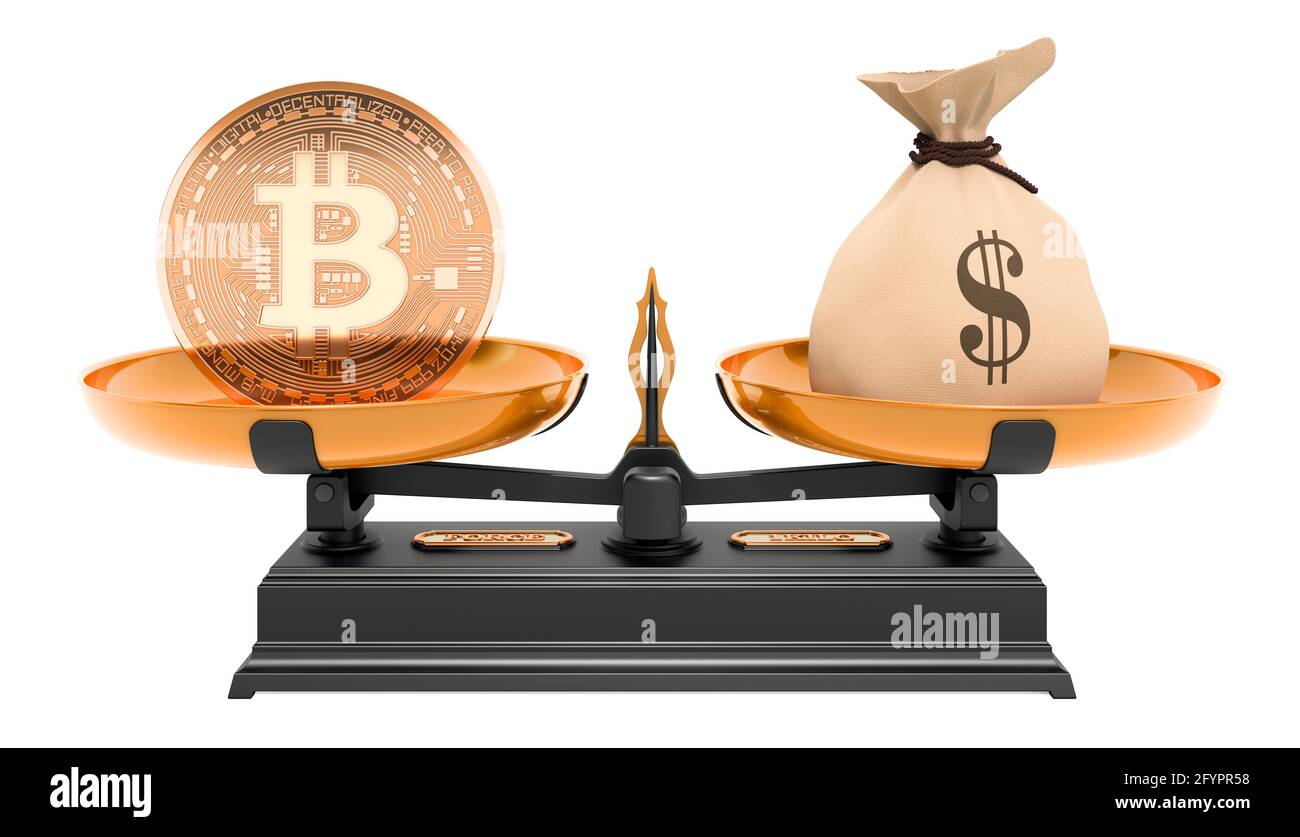 Bitcoin and dollar bag, balance concept. 3D rendering isolated on white ...