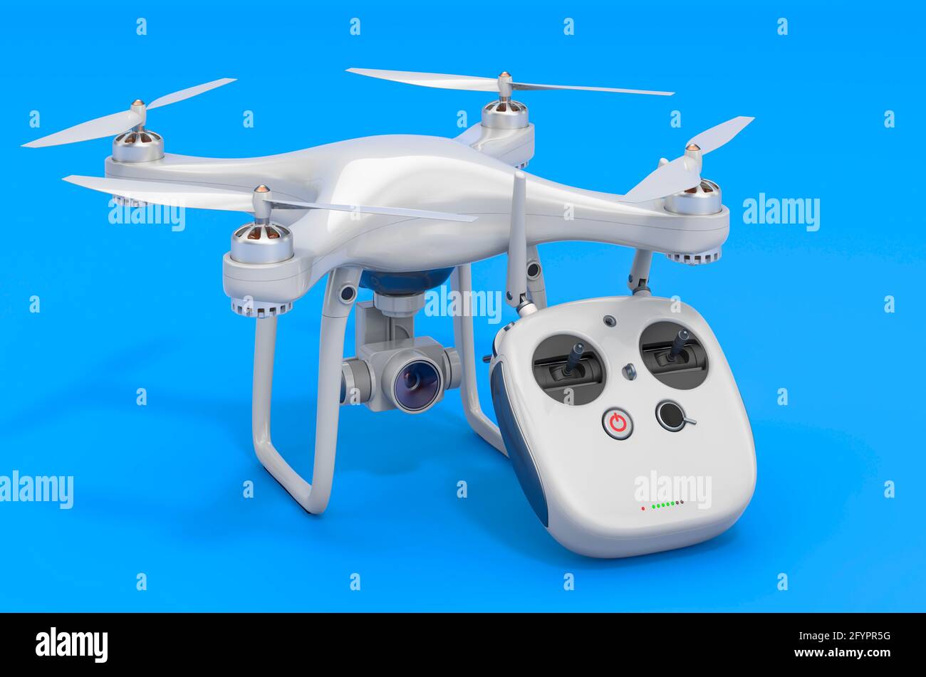 Drone quadrocopter with remote control on blue background, 3D rendering ...