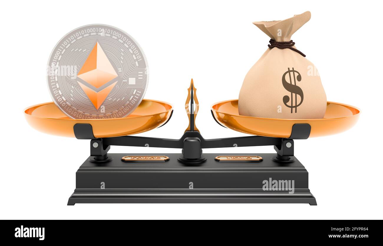Ethereum and dollar bag, balance concept. 3D rendering isolated on ...