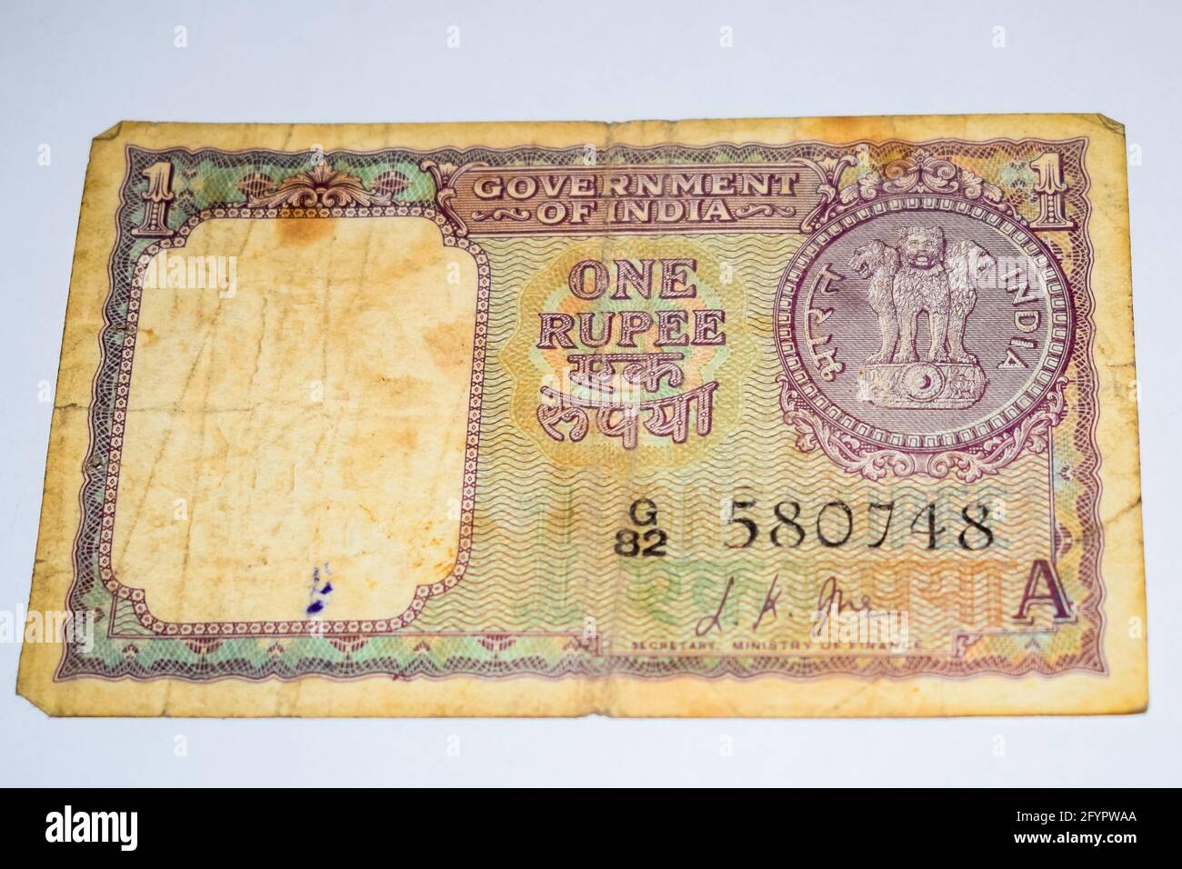 Rare Old Indian One rupee currency note on white background, Government ...
