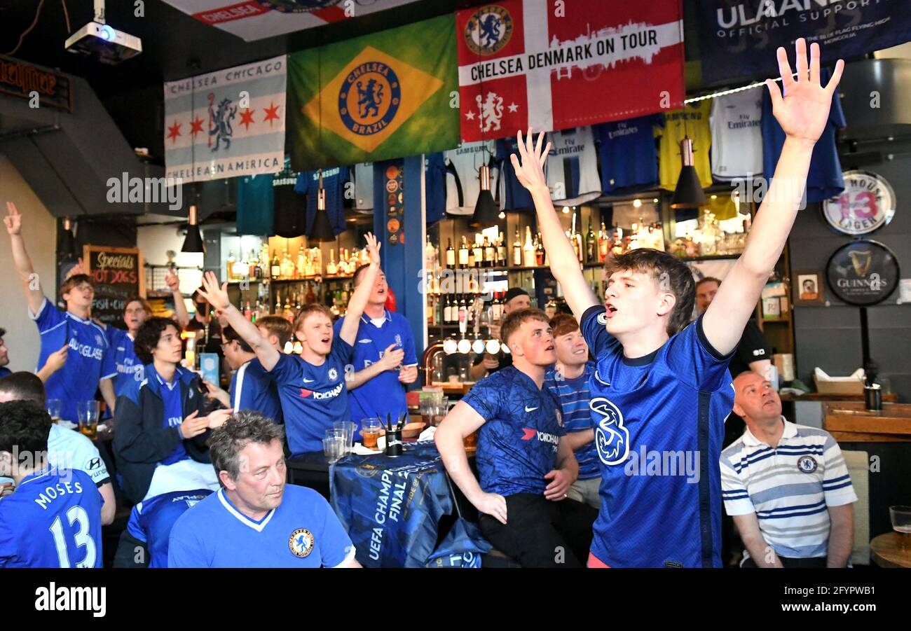 Chelsea fans at The Chelsea Pensioner pub in London watching the UEFA ...