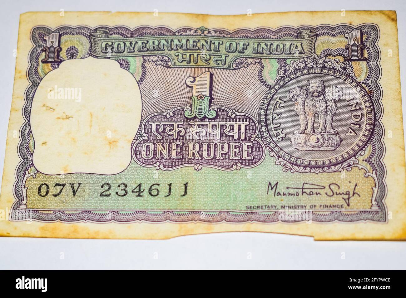 Rare Old Indian One Rupee Currency Note On White Background Government