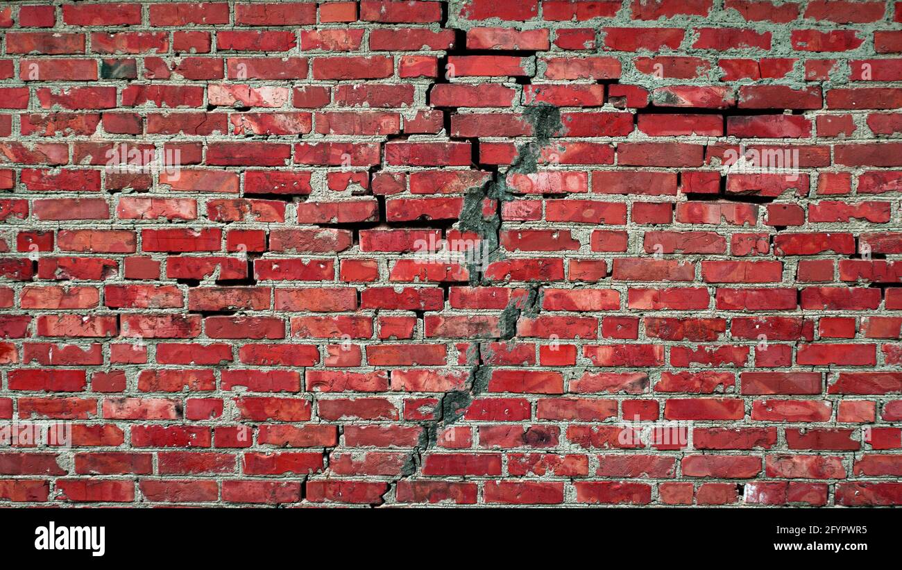 Red brick wall vintage. Cracked wall texture. Destroyed brick wall with ...