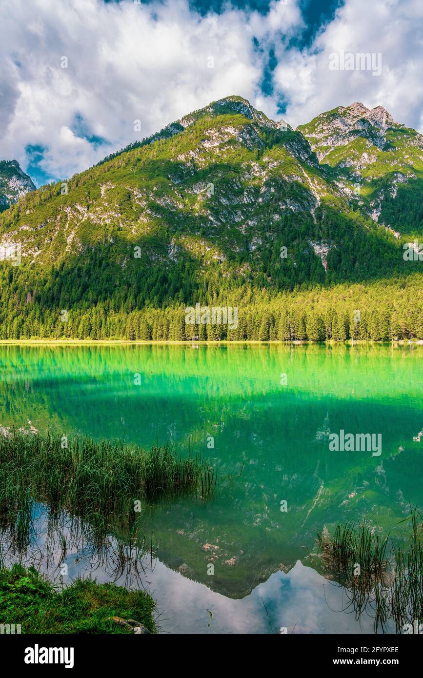 Panoramic view of Lake Dobbiaco ( Toblacher See ) in the Dolomites ...