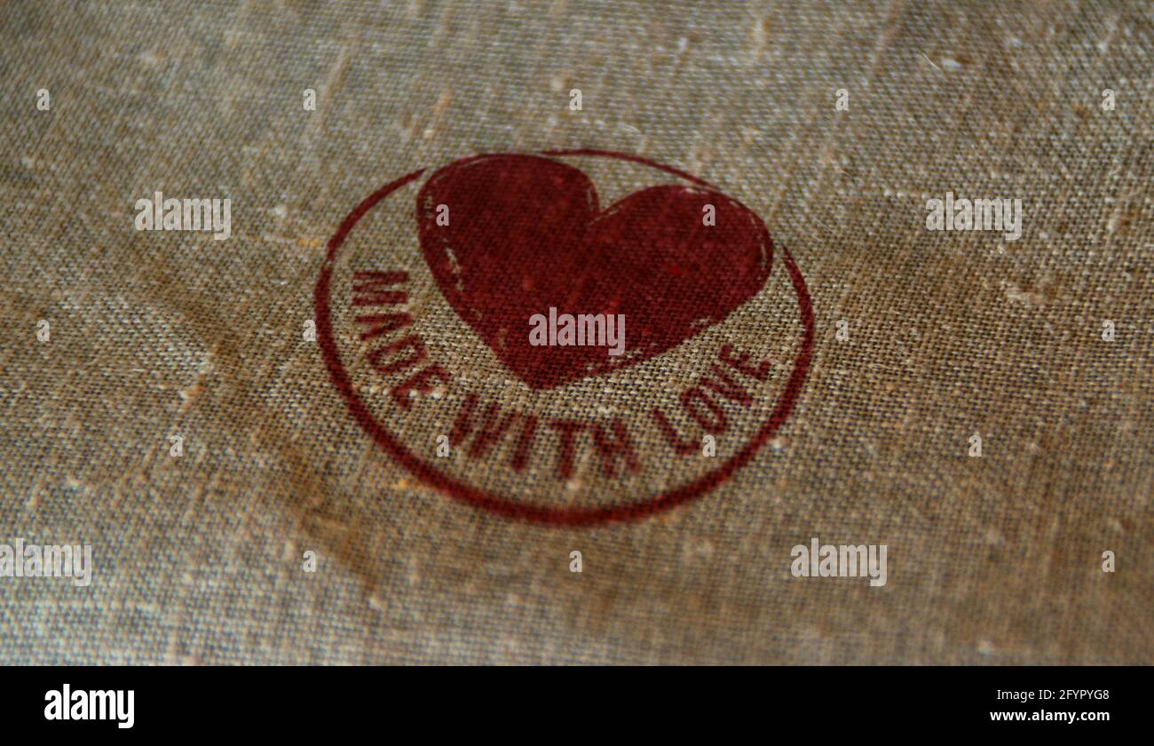 Made with love stamp printed on linen sack. Handmade quality ...