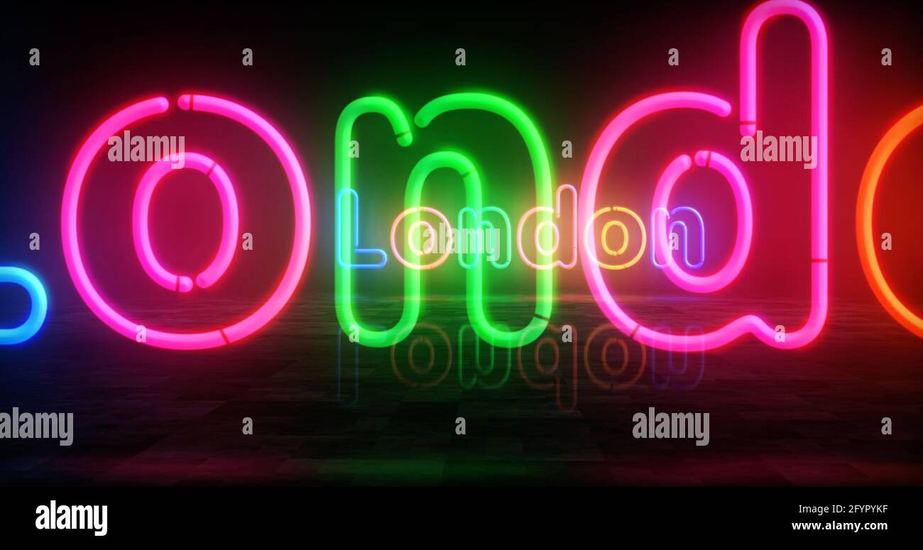 London symbol neon symbol. Light color bulbs with romantic city sign ...