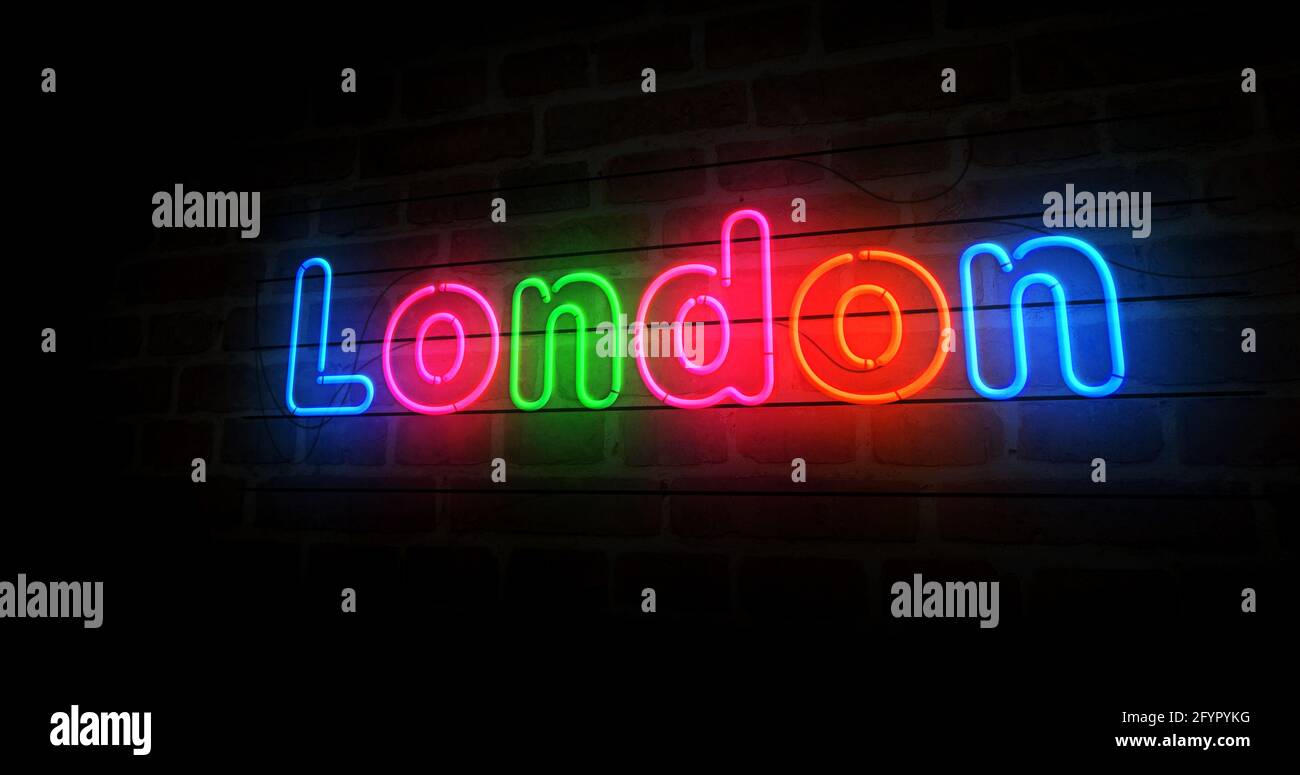 London symbol neon symbol. Light color bulbs with romantic city sign ...