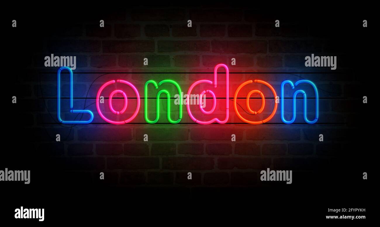 London symbol neon symbol. Light color bulbs with romantic city sign ...