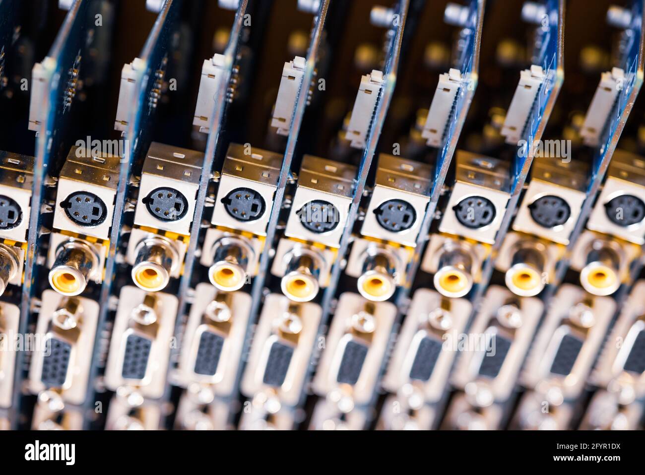 Close-up blurry metal sockets on a computer video board. Concept for ...