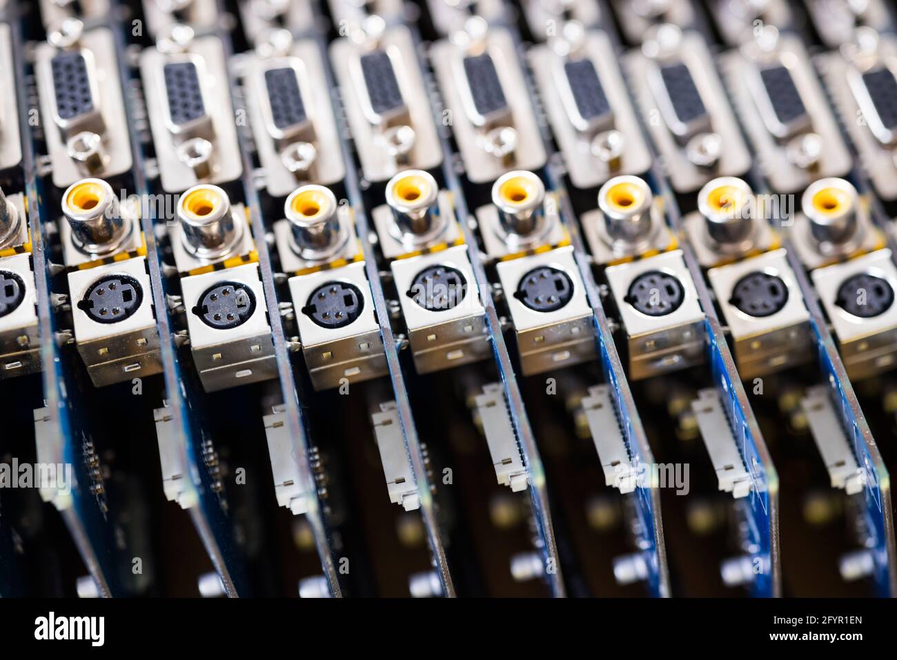 Close-up blurry metal sockets on a computer video board. Concept for ...