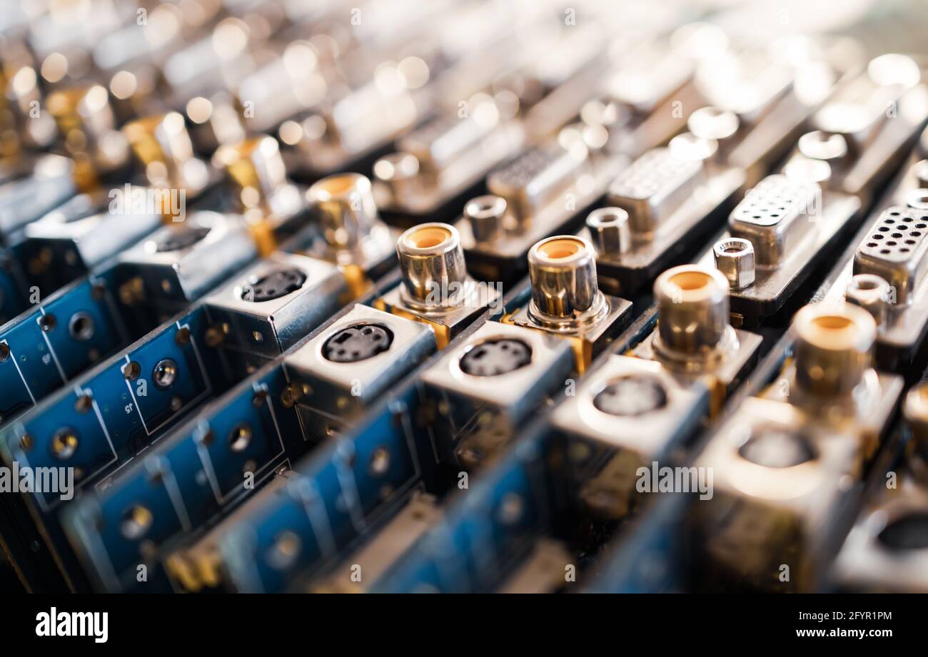 Close-up blurry metal sockets on a computer video board. Concept for ...