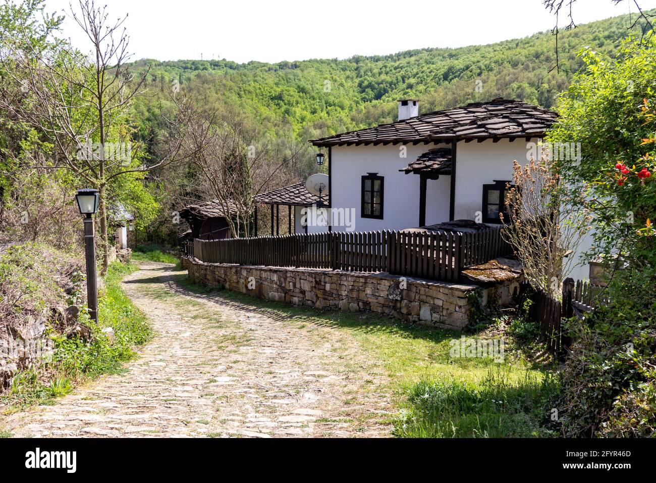 Typical street and old houses at historical village of Bozhentsi ...
