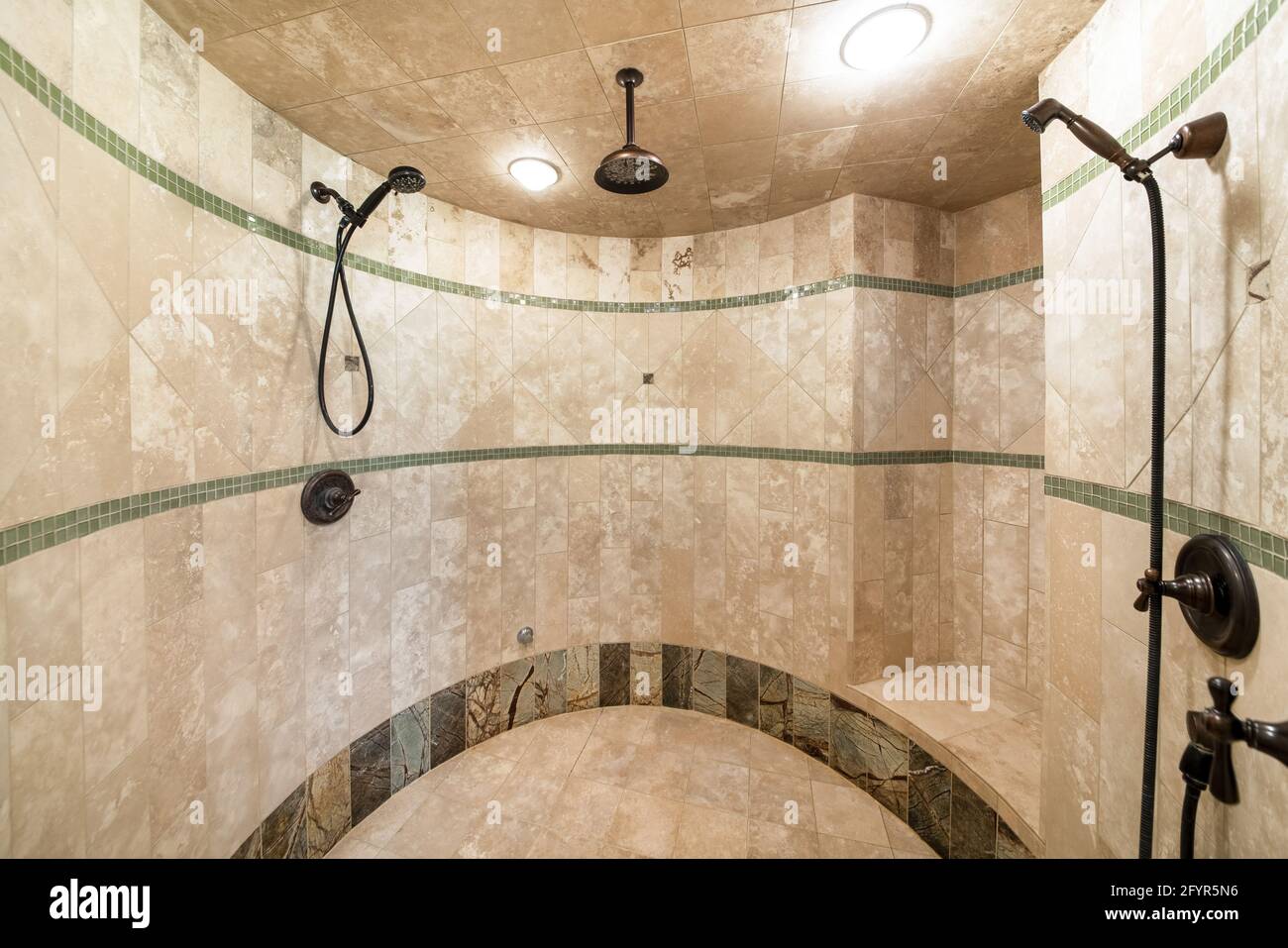 Spa bathroom interior design with marble blue and green tiles Stock ...