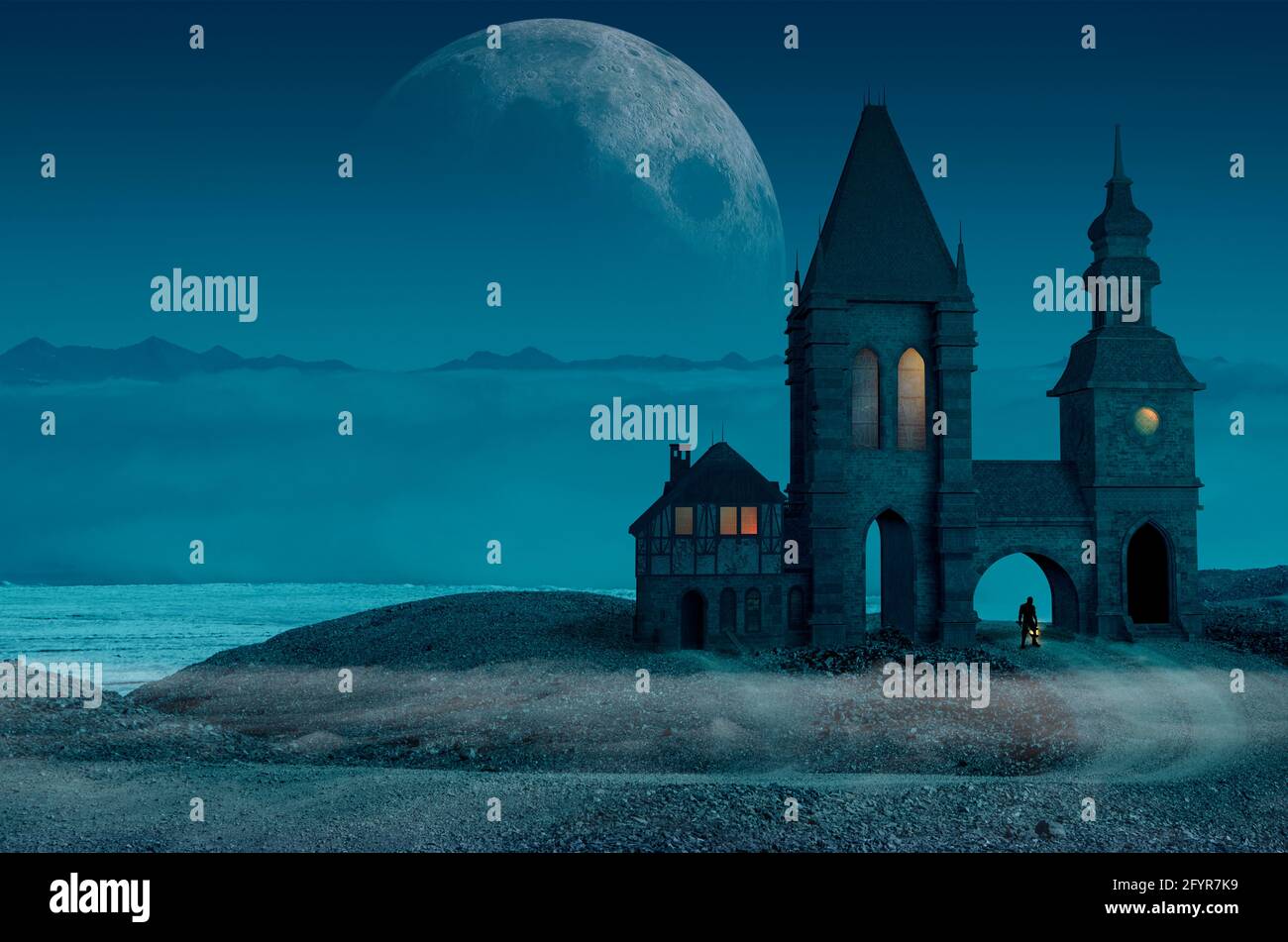 Fantasy landscape, tower and medieval houses shrouded in fog in a ...