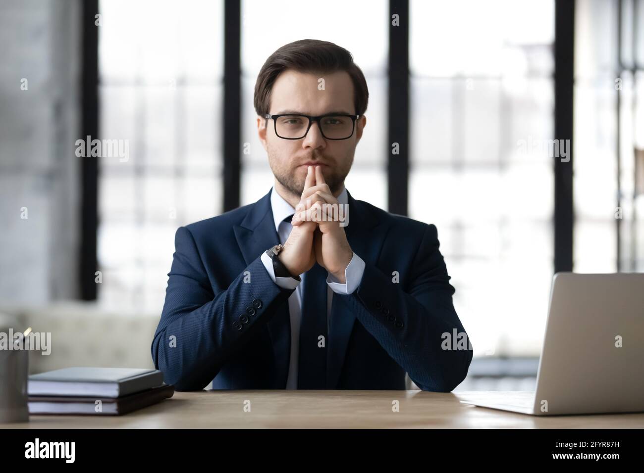 Company executive, CEO, owner in formal suit standing at desk Stock ...