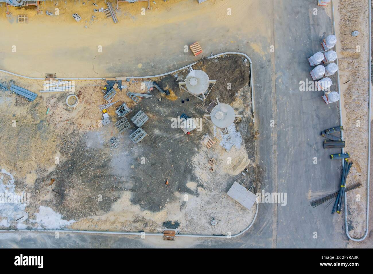 Aerial view on the new apartment building in construction material ...