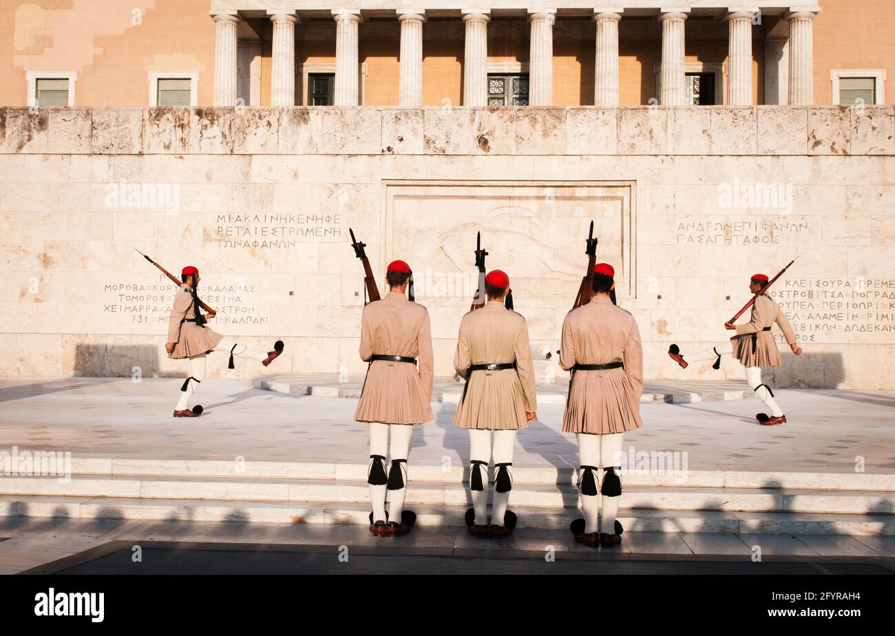 Evzones soldiers marching in Athens, Greece Stock Photo - Alamy