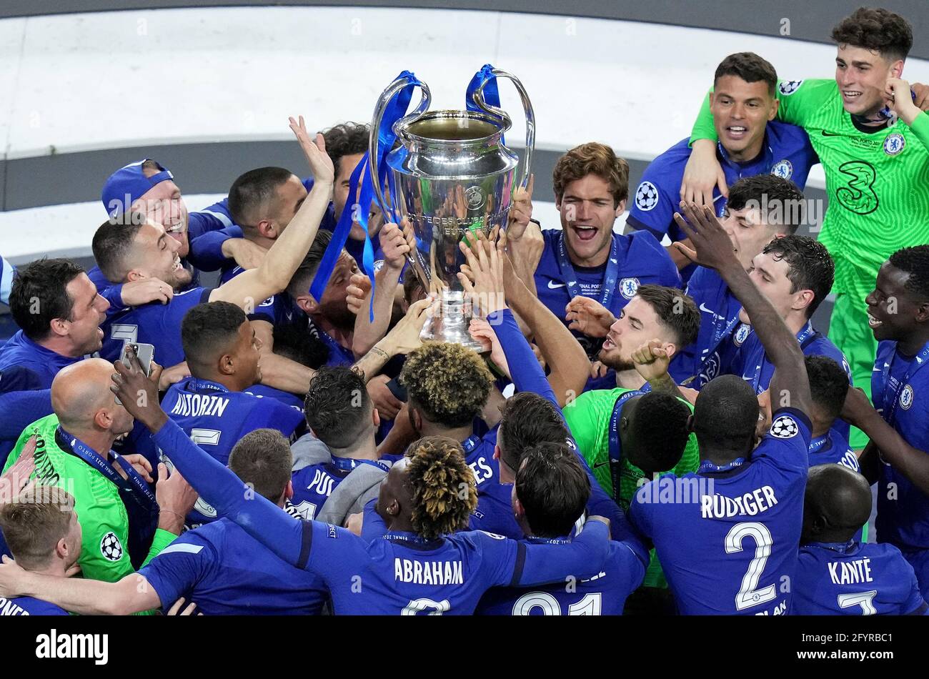 Chelsea players celebrate with the trophy after the UEFA Champions ...