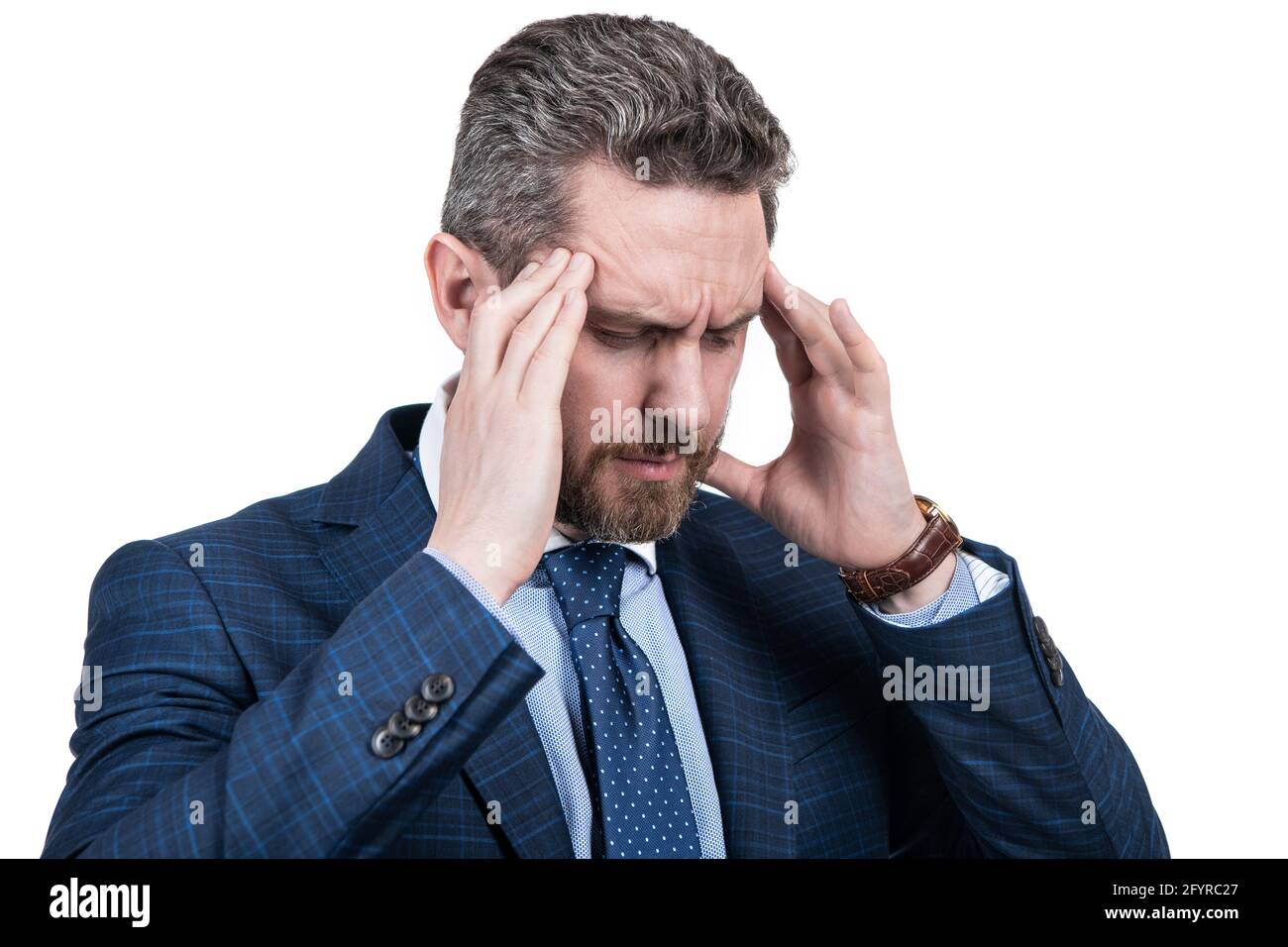 His head aches. Manager suffer from migraine pain. Headache attack ...