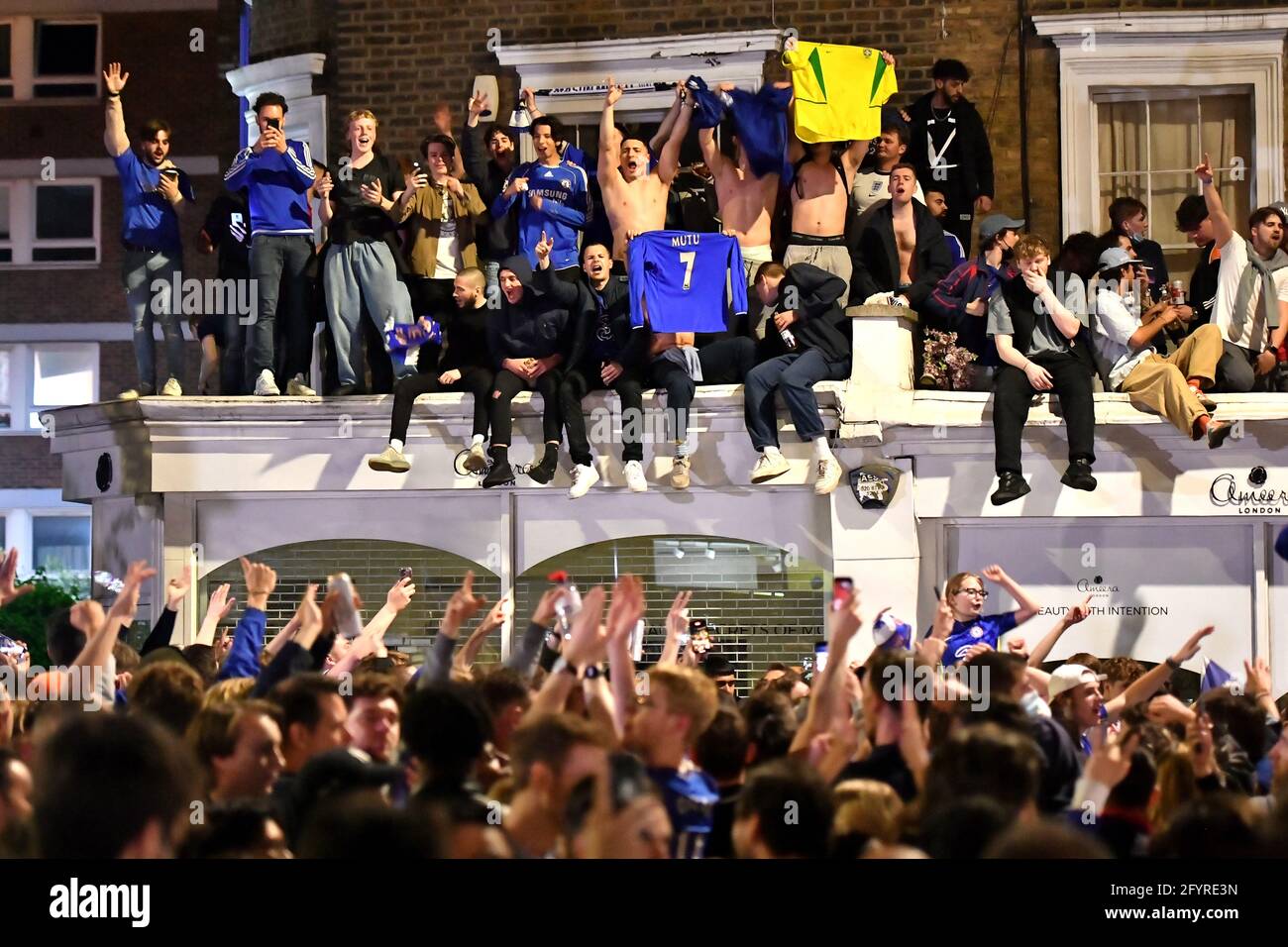 Chelsea fans celebrates outside Stamford Bridge, London after the UEFA ...