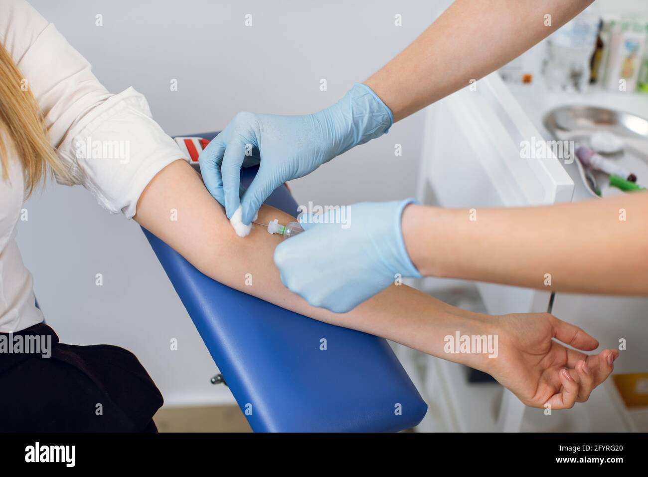 Close up cropped image of unrecognizable doctor and patient. Lab ...