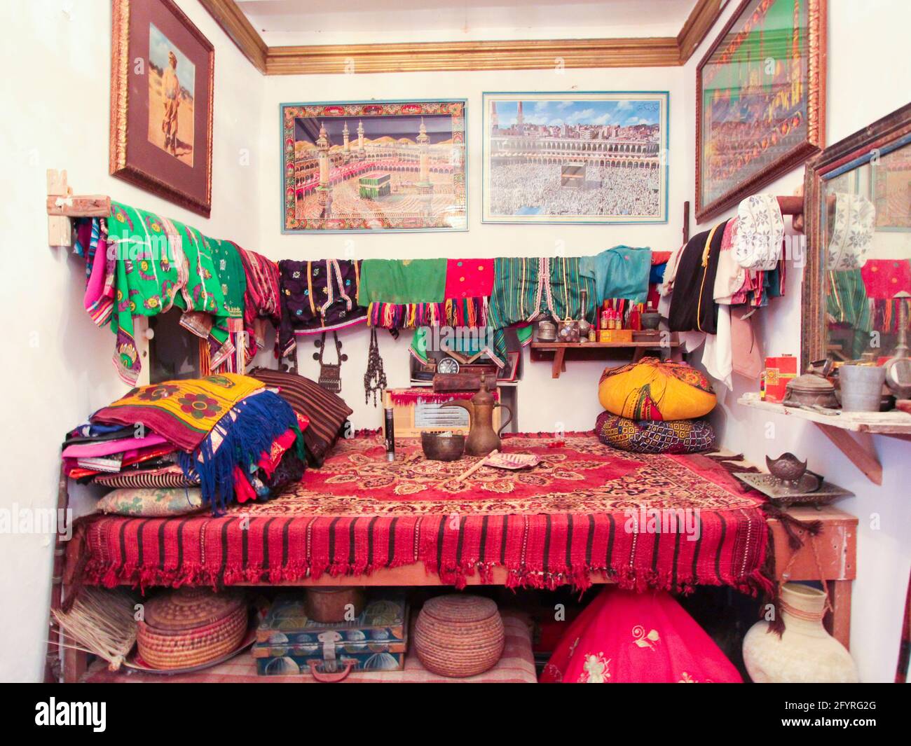 Interior display of textiles and bed fabric at the heritage old house ...