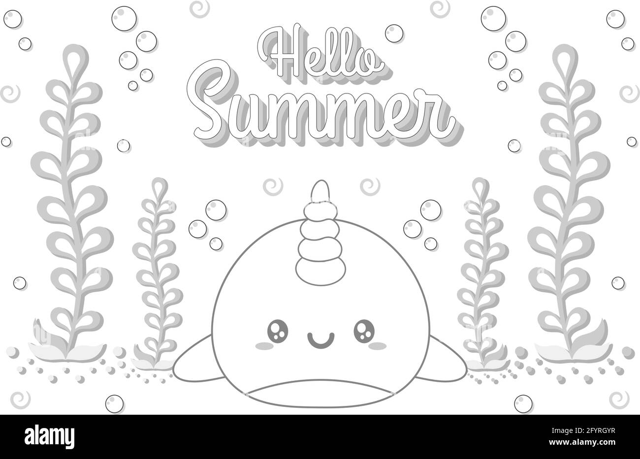 Hello Summer cute whale drawing under the water sketch for coloring ...