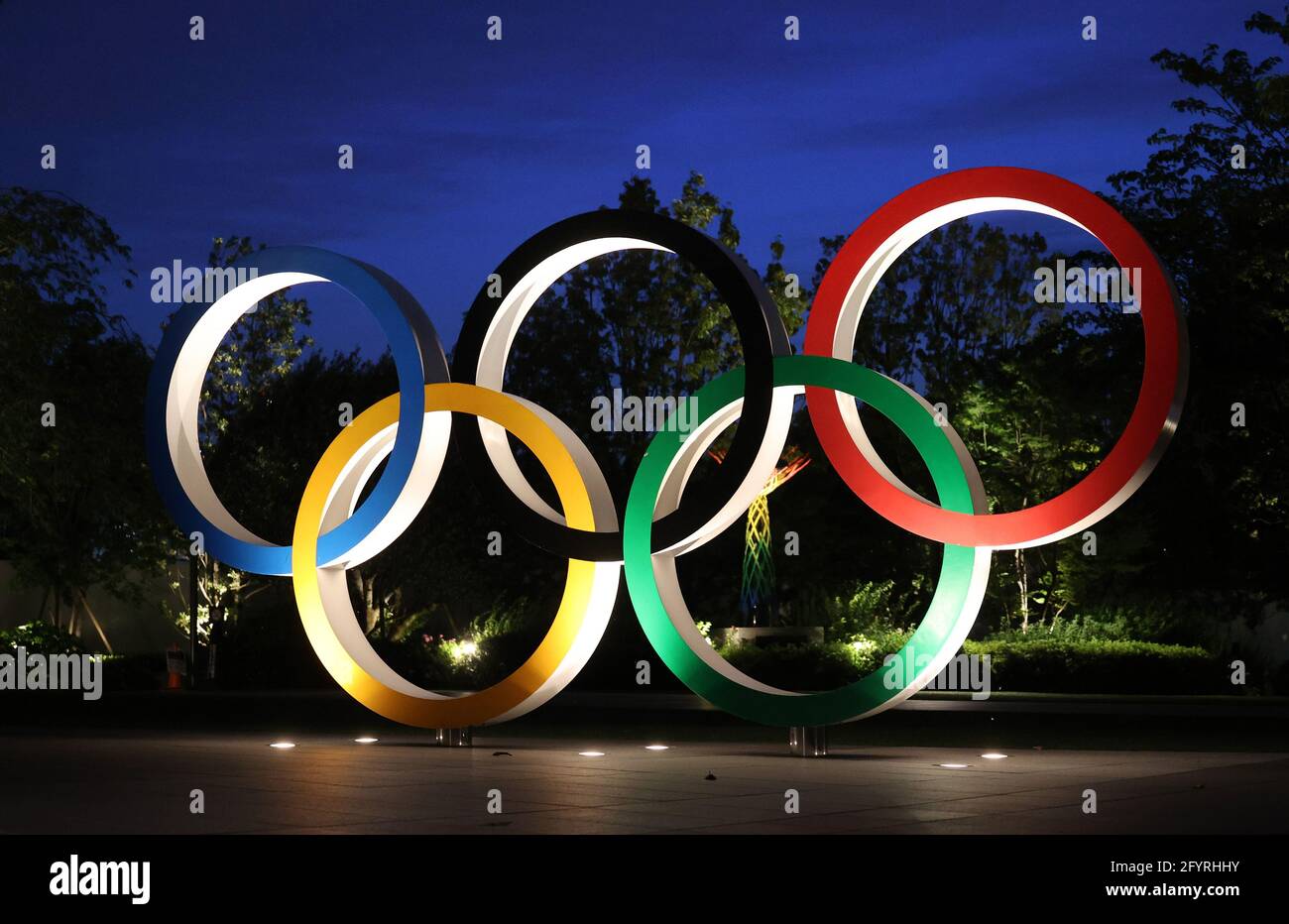 Tokyo, Japan. 29th May, 2021. Olympic rings are displayed in front of ...