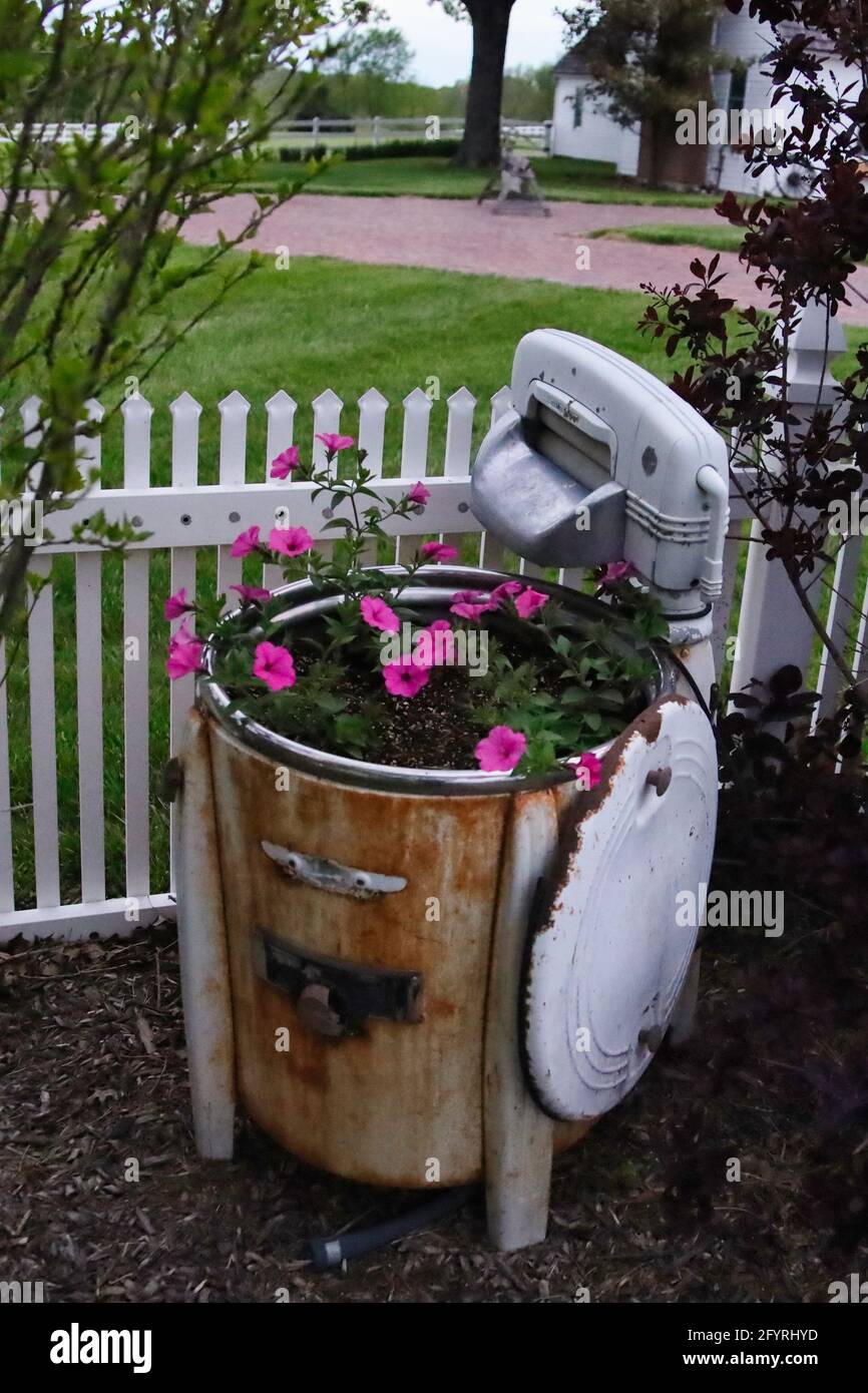 Vertical shot of a flower bed made from a washing machine in a garden ...
