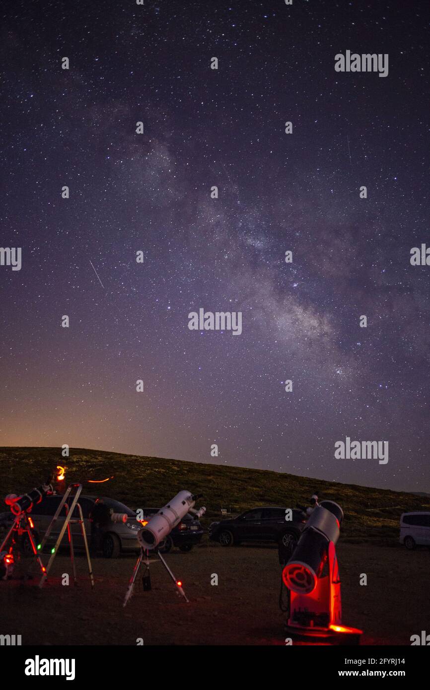 Vertical shot of telescopes under a starry sky Stock Photo - Alamy