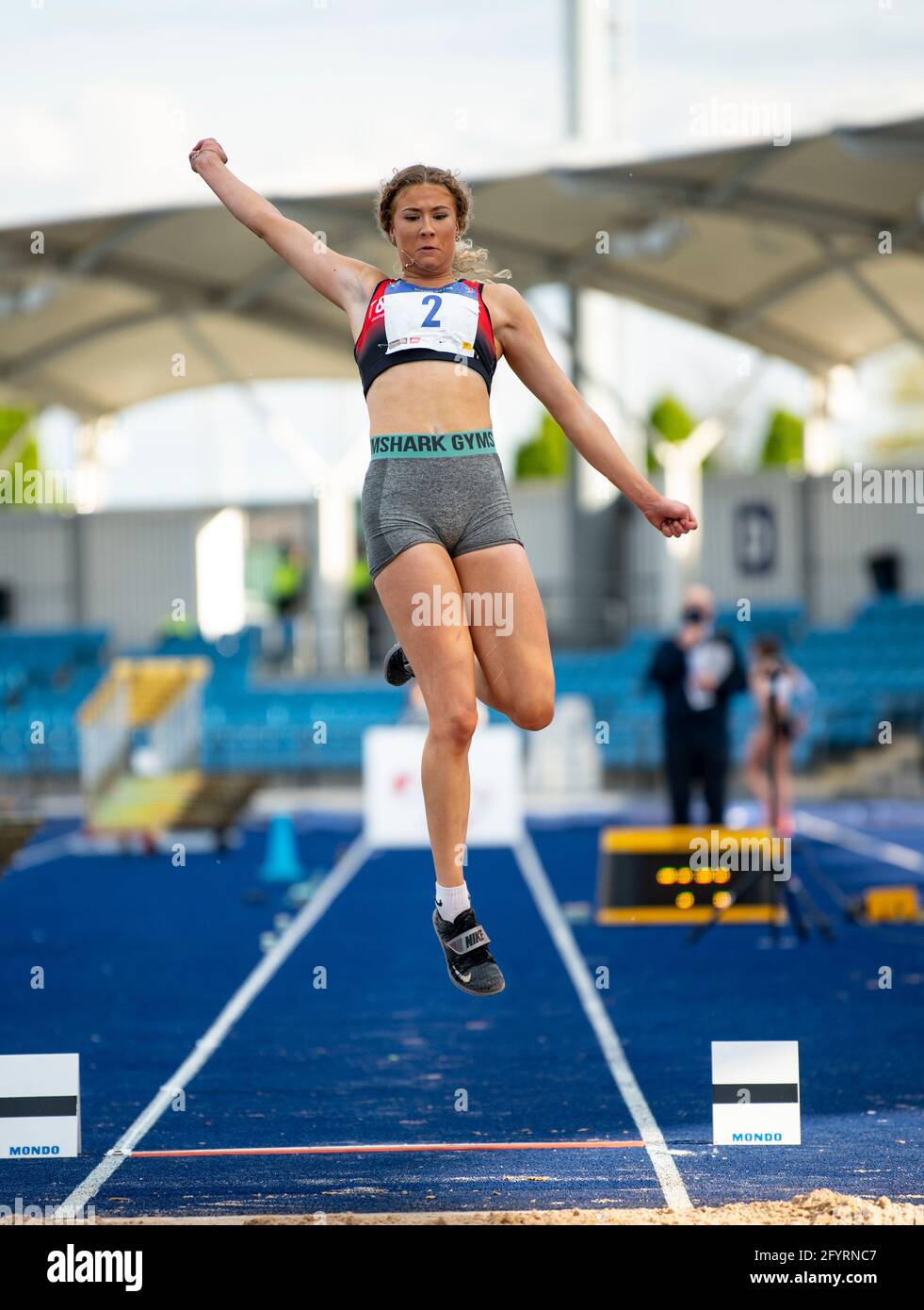 MANCHESTER - ENGLAND. 27 MAY: Lucy Robinson competing in the long jump ...