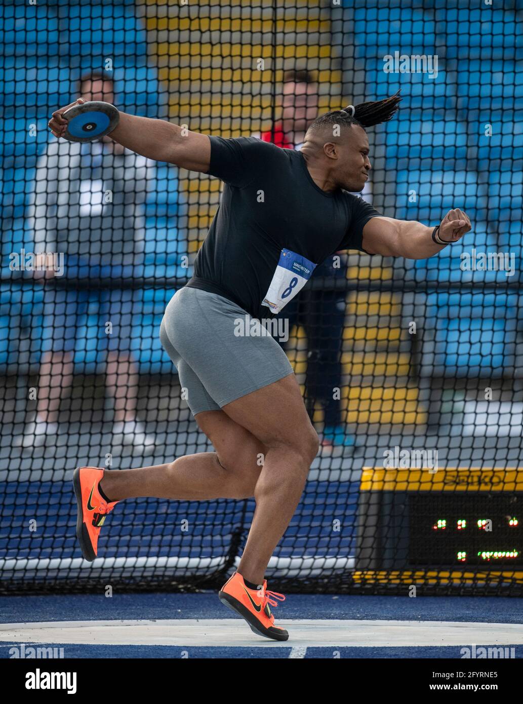 MANCHESTER - ENGLAND. 27 MAY: Lawrence Okoye competing in the discus ...