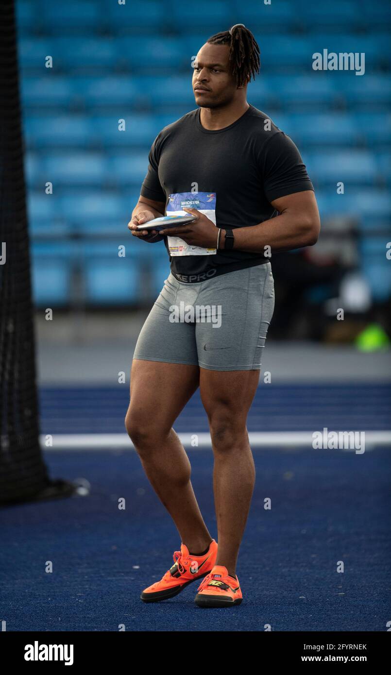 MANCHESTER - ENGLAND. 27 MAY: Lawrence Okoye competing in the discus ...