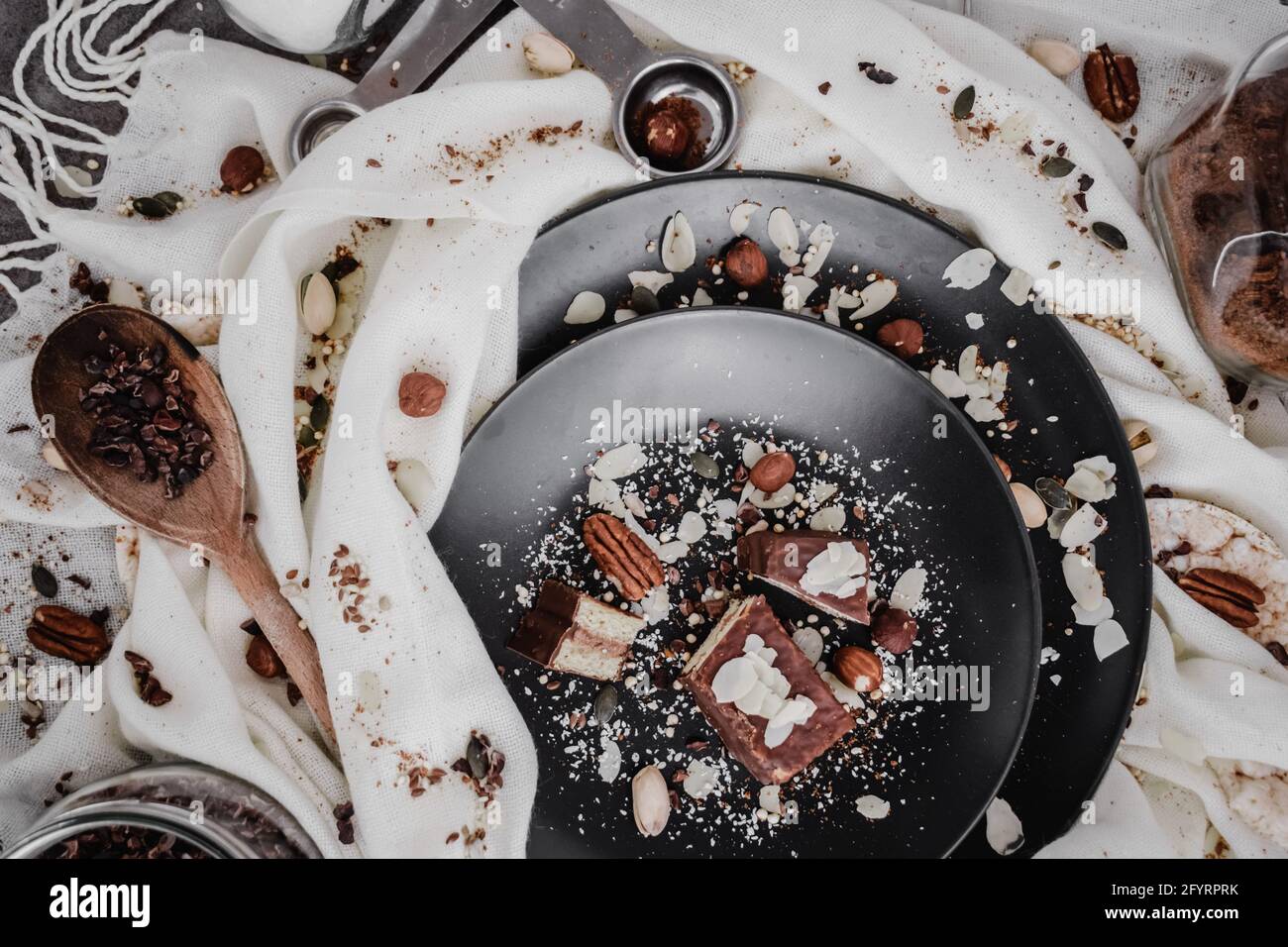 Top view of a messy kitchen table with herbs and spices Stock Photo - Alamy