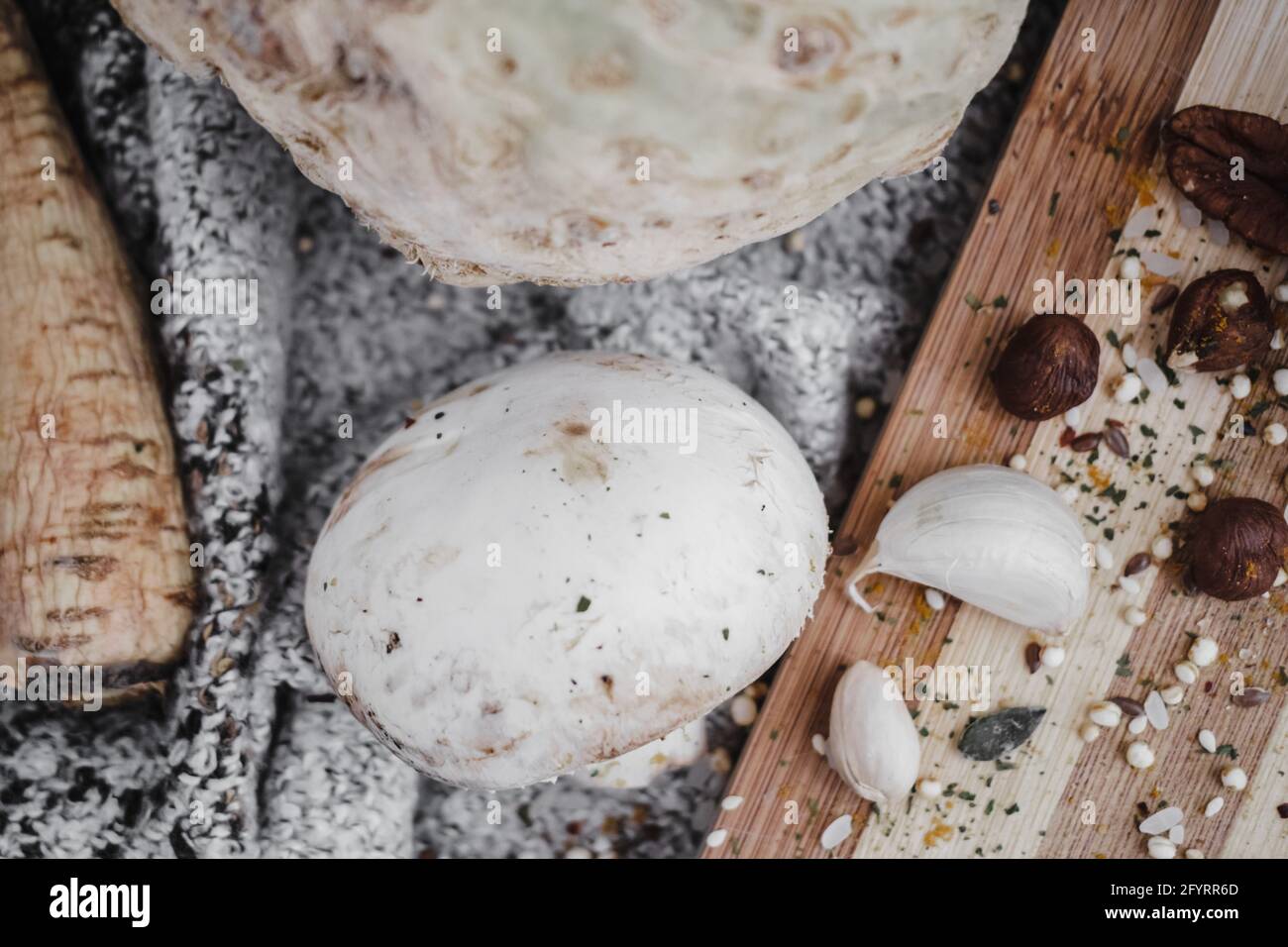 Top view of a messy kitchen table with herbs and spices Stock Photo - Alamy
