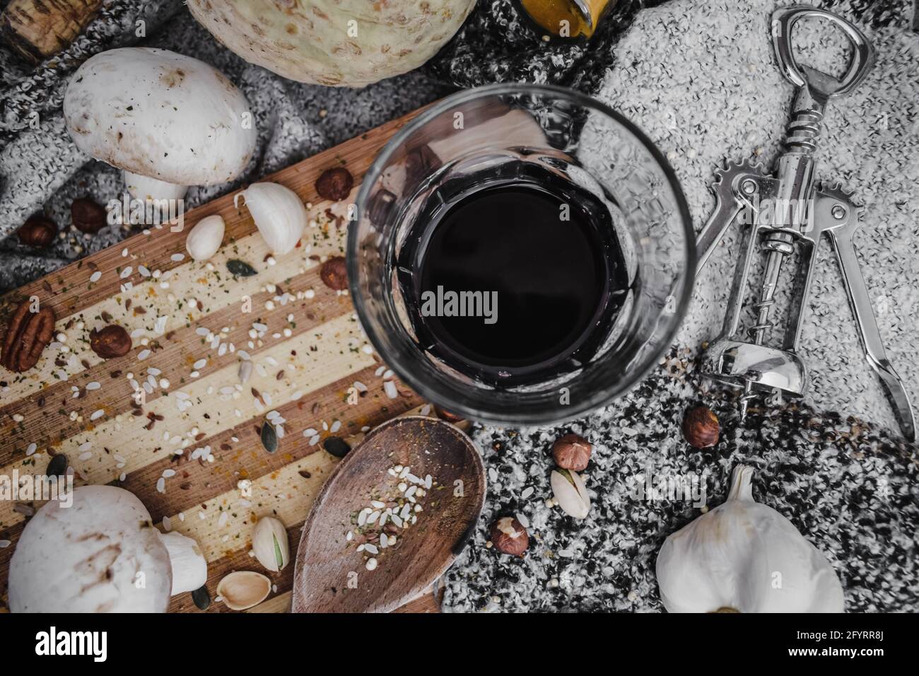 Top view of a messy kitchen table with herbs and spices Stock Photo - Alamy