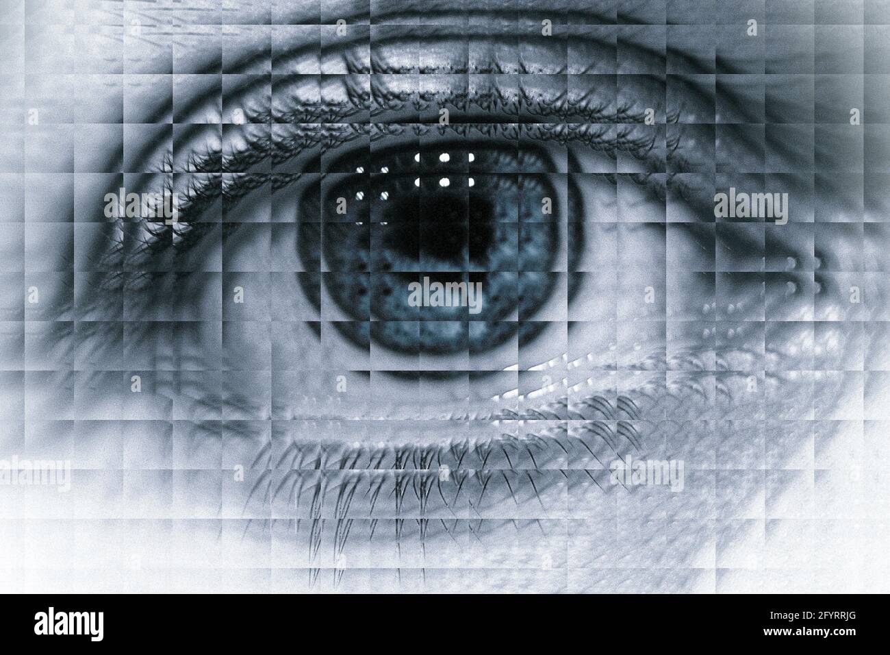 A futuristic squared reflective background with a grayscale eye image ...