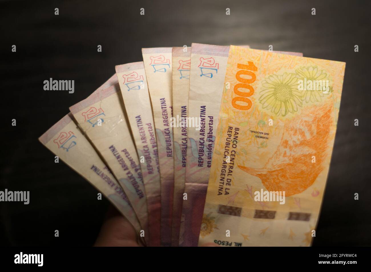 A hand holding a stack of Argentine pesos Stock Photo - Alamy