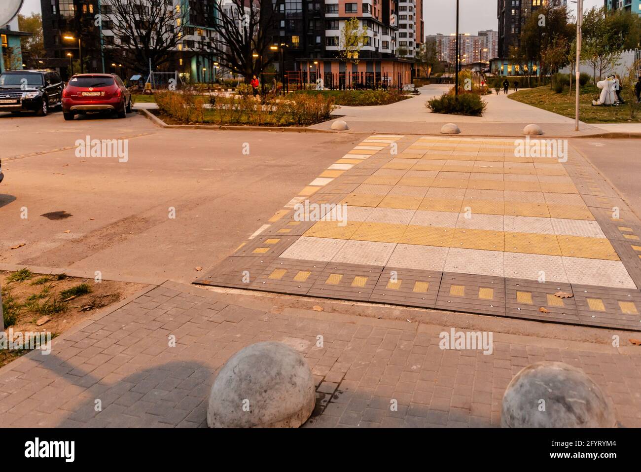 Moscow. Russia. Autumn 2020. Raised pedestrian crosswalk. Crossing the ...