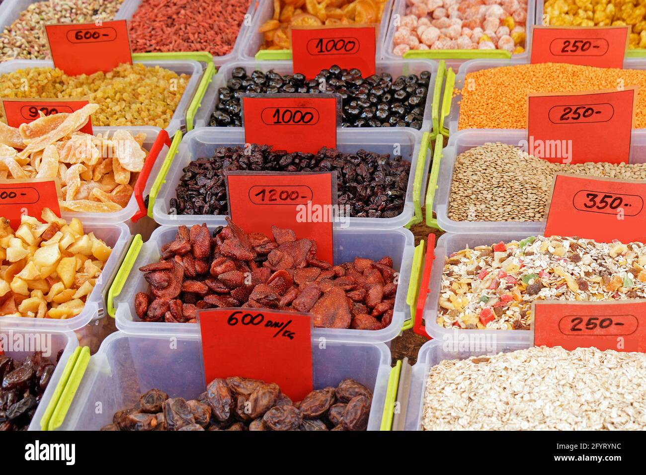 Dried fruits nuts and legumes sold on market stall Stock Photo - Alamy