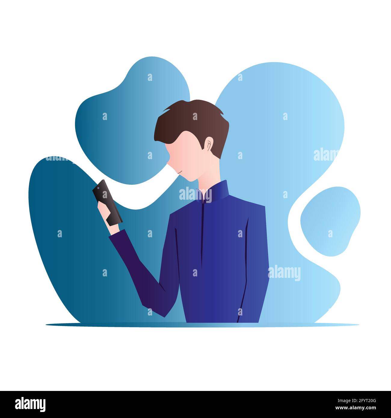 Young man holding a smartphone, texting and making calls. Cartoon ...