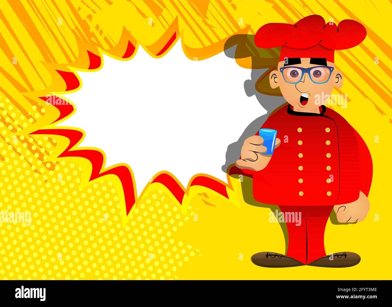 Fat male cartoon chef in uniform drinking brandy. Vector illustration ...