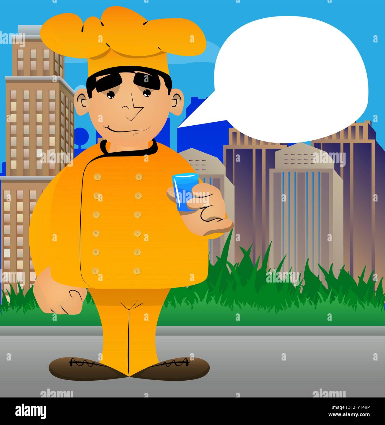 Fat male cartoon chef in uniform drinking brandy. Vector illustration ...