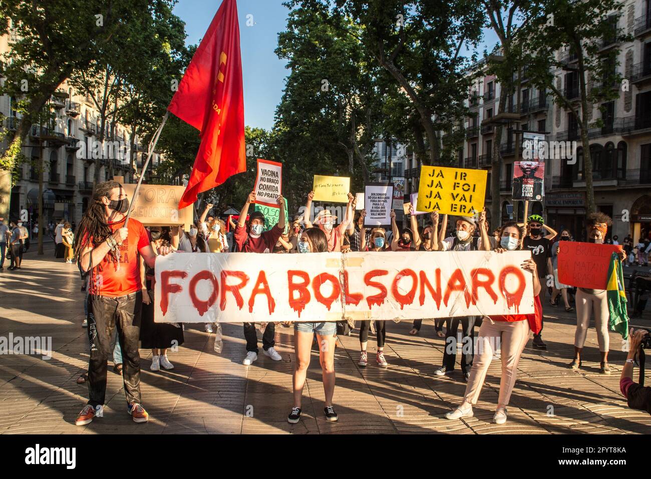 Barcelona, Spain. 29th May, 2021. Protesters with a banner that reads ...