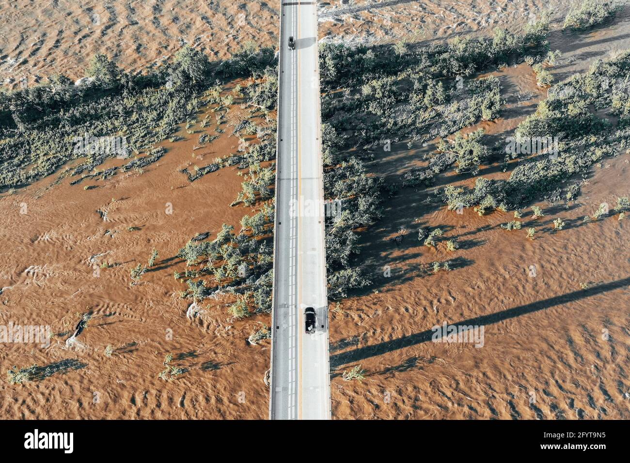 A high angle shot of a straight road leading through a desert with dry ...