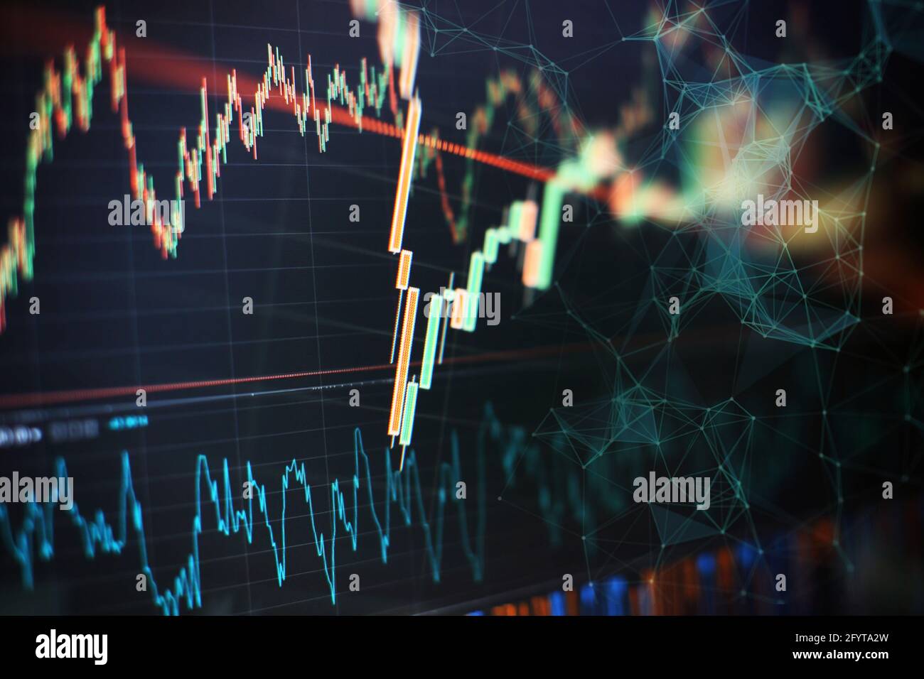 Charts of financial instruments with various type of indicators ...
